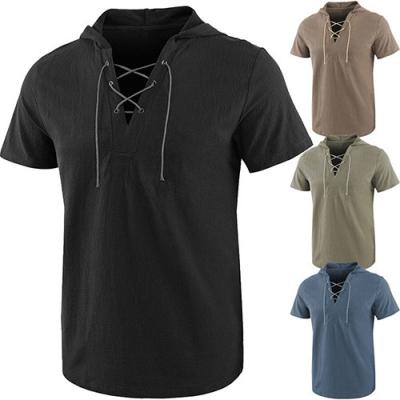 China 2021 Summer Causal Loose Solid Hooded Lace Up Short Sleeve T Shirt For Men for sale