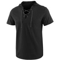 China 2021 Summer Causal Loose Solid Hooded Lace Up Short Sleeve T Shirt For Men for sale