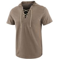 China 2021 Summer Causal Loose Solid Hooded Lace Up Short Sleeve T Shirt For Men for sale