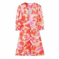 China OEM maufactory  Oil Painting Rose Printed Pleated V Neck Polyester Short Sleeve Dress for sale