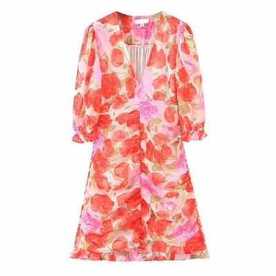China OEM maufactory  Oil Painting Rose Printed Pleated V Neck Polyester Short Sleeve Dress for sale