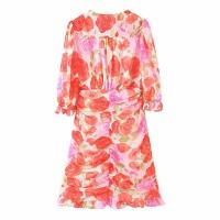 China OEM maufactory  Oil Painting Rose Printed Pleated V Neck Polyester Short Sleeve Dress for sale