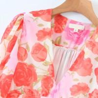 China OEM maufactory  Oil Painting Rose Printed Pleated V Neck Polyester Short Sleeve Dress for sale