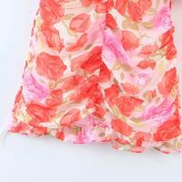China OEM maufactory  Oil Painting Rose Printed Pleated V Neck Polyester Short Sleeve Dress for sale