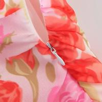 China OEM maufactory  Oil Painting Rose Printed Pleated V Neck Polyester Short Sleeve Dress for sale