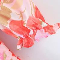 China OEM maufactory  Oil Painting Rose Printed Pleated V Neck Polyester Short Sleeve Dress for sale