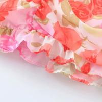 China OEM maufactory  Oil Painting Rose Printed Pleated V Neck Polyester Short Sleeve Dress for sale