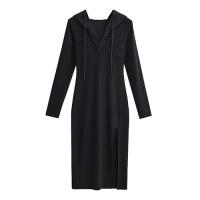 China Summer V Neck Long Sleeved Slim Hooded Dress With Side Slit Buttock Skirt for sale