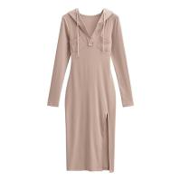 China Summer V Neck Long Sleeved Slim Hooded Dress With Side Slit Buttock Skirt for sale