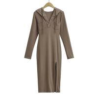 China Summer V Neck Long Sleeved Slim Hooded Dress With Side Slit Buttock Skirt for sale