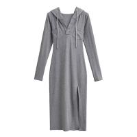 China Summer V Neck Long Sleeved Slim Hooded Dress With Side Slit Buttock Skirt for sale