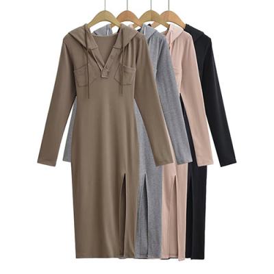 China Summer V Neck Long Sleeved Slim Hooded Dress With Side Slit Buttock Skirt for sale