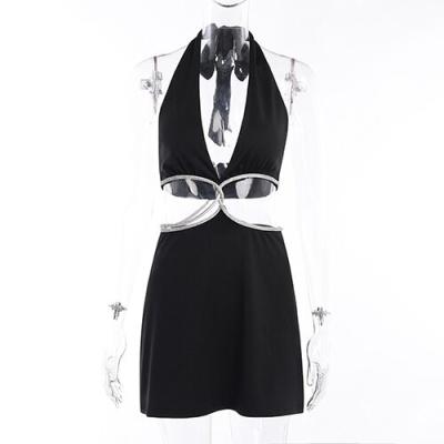 China OEM maufactory sexy skirt spring new polyester sleeveless  deep V beauty back waist hollow bag dress for sale