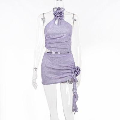 China OEM maufactory Summer newpolyester sleeveless parties sexy slim hot girl stereo flower design hanging neck top suits for sale