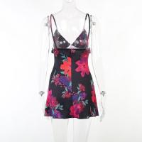 China OEM maufactory European and American  polyrster sleeveless short skirt sexy V -neck rose printed ruffled camisole dress for sale