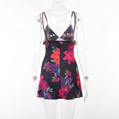 China OEM maufactory European and American  polyrster sleeveless short skirt sexy V -neck rose printed ruffled camisole dress for sale