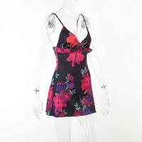 China OEM maufactory European and American  polyrster sleeveless short skirt sexy V -neck rose printed ruffled camisole dress for sale