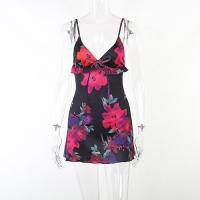 China OEM maufactory European and American  polyrster sleeveless short skirt sexy V -neck rose printed ruffled camisole dress for sale