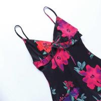 China OEM maufactory European and American  polyrster sleeveless short skirt sexy V -neck rose printed ruffled camisole dress for sale