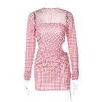 China OEM  maufactory long -sleeved short skirt side polyester women's pink lattice dress for sale