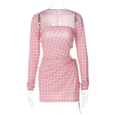China OEM  maufactory long -sleeved short skirt side polyester women's pink lattice dress for sale