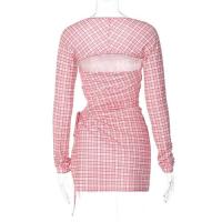 China OEM  maufactory long -sleeved short skirt side polyester women's pink lattice dress for sale