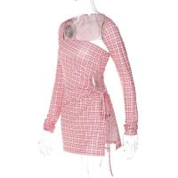 China OEM  maufactory long -sleeved short skirt side polyester women's pink lattice dress for sale