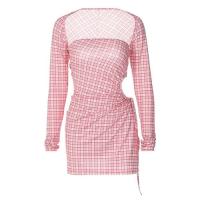 China OEM  maufactory long -sleeved short skirt side polyester women's pink lattice dress for sale