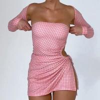 China OEM  maufactory long -sleeved short skirt side polyester women's pink lattice dress for sale
