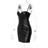 China OEM  maufactory New Women's  Deep V -neck sleveless polyester Deep -back dress high -waist hip tight PU leather skirt for sale