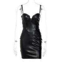 China OEM  maufactory New Women's  Deep V -neck sleveless polyester Deep -back dress high -waist hip tight PU leather skirt for sale