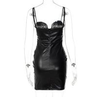 China OEM  maufactory New Women's  Deep V -neck sleveless polyester Deep -back dress high -waist hip tight PU leather skirt for sale