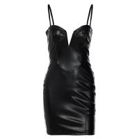 China OEM  maufactory New Women's  Deep V -neck sleveless polyester Deep -back dress high -waist hip tight PU leather skirt for sale