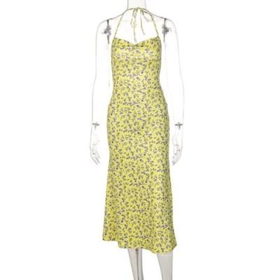China OEM  maufactory European and American printed flower sleeveless  sling long skirt sexy back strap for sale