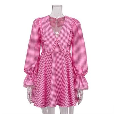China OEM maufactory Cross Border Women'S Pink Polyester Lattice Doll Collar Long Sleeve Dress for sale