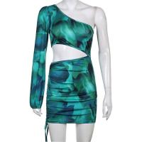 China OEM maufactory Tie Dye Oblique Shoulder Polyester Commute Hip Rope Skirt Stitching Long Sleeved for sale