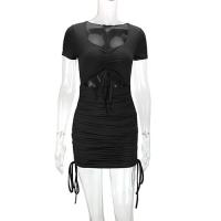 China OEM maufactory  Polyester maufactory Cross Border Women'S European American Vedic Tie Dress Hollow Short Sleeved for sale