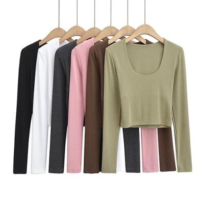 China OEM maufactory U Collar Long Sleeved T Shirt Female 22 Autumn Polyester Hot Girl for sale