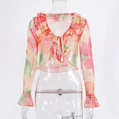 China OEM maufactory European and American women's clothing polyester2023 Summer new sexy deep V -neck long sleeve t -shirt for sale