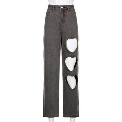 China OEM maufactory new European and American women's clothing casual commute love hollow straight tube slim jeans tro for sale