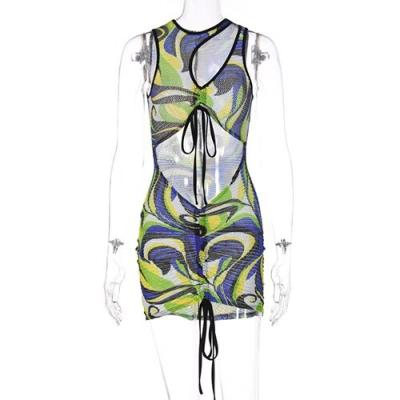 China OEM maufactoryEuropean and American style women's clothing 2022 Summer printing round neck sleeveless hollow wrinkle for sale