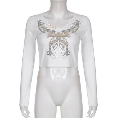 China OEM Retro Wind Butterfly Print Long Sleeve T Shirt V Neck Tightened Navel Short for sale
