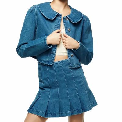 China Factory Customized Single Breasted Sweet Dark Blue Crop Denim Jacket for sale