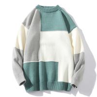 China Acrylic Men Crew Neck Sweater White Black Green Color Block Knitted Oversize Sweater for sale