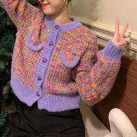 China Pink Purple Checkerboard Fashion Bespoke Sweaters Elegant Womens Button Cardigan for sale