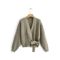 China Pure Color Ladies Lace Up Knit Sweater Spring Autumn Lantern Sleeve Sweater for sale