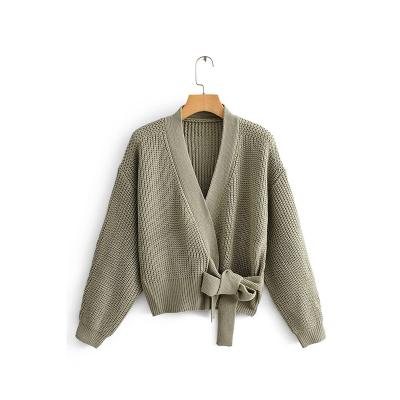 China Pure Color Ladies Lace Up Knit Sweater Spring Autumn Lantern Sleeve Sweater for sale