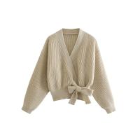 China Pure Color Ladies Lace Up Knit Sweater Spring Autumn Lantern Sleeve Sweater for sale