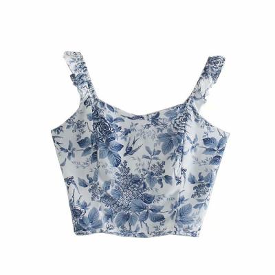 China S-5XL Vintage Women Sleeveless Tank Tops Cotton Poplin Floral Crop Top for sale