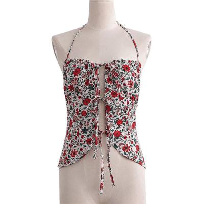 China Beach Off Shoulder Backless Halter Tank Top Floral Printing Streetwear Sexy Bodice for sale